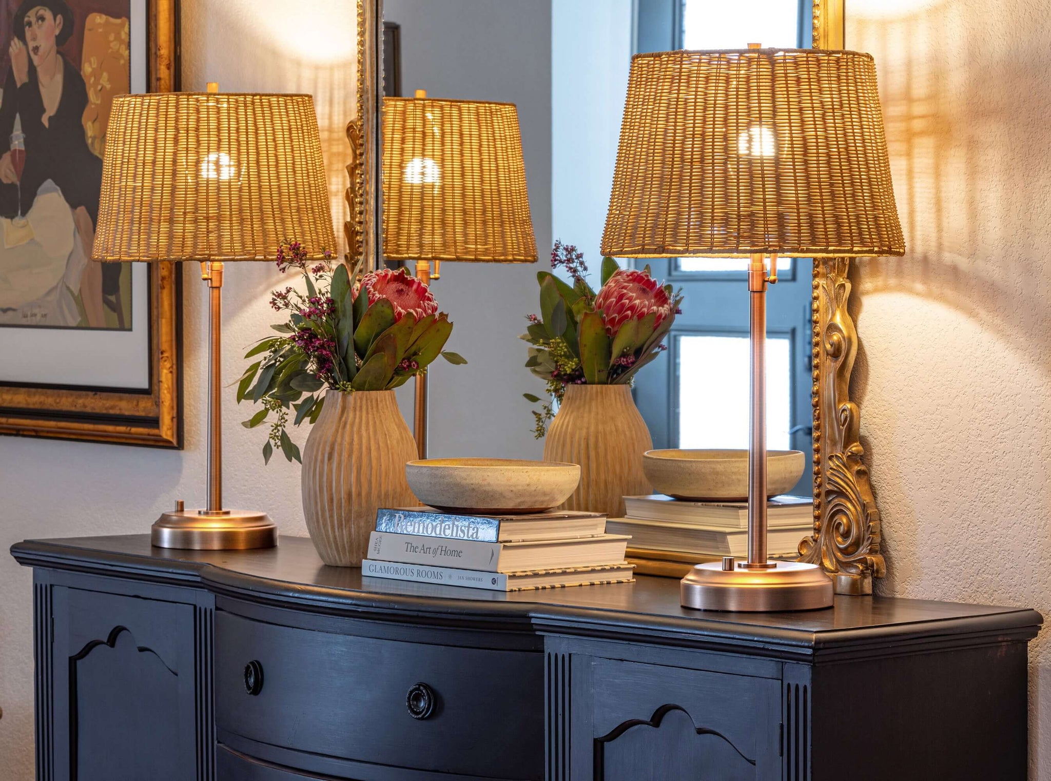 Alexis Cordless Table Lamp - Antique Brass with Rattan Shade