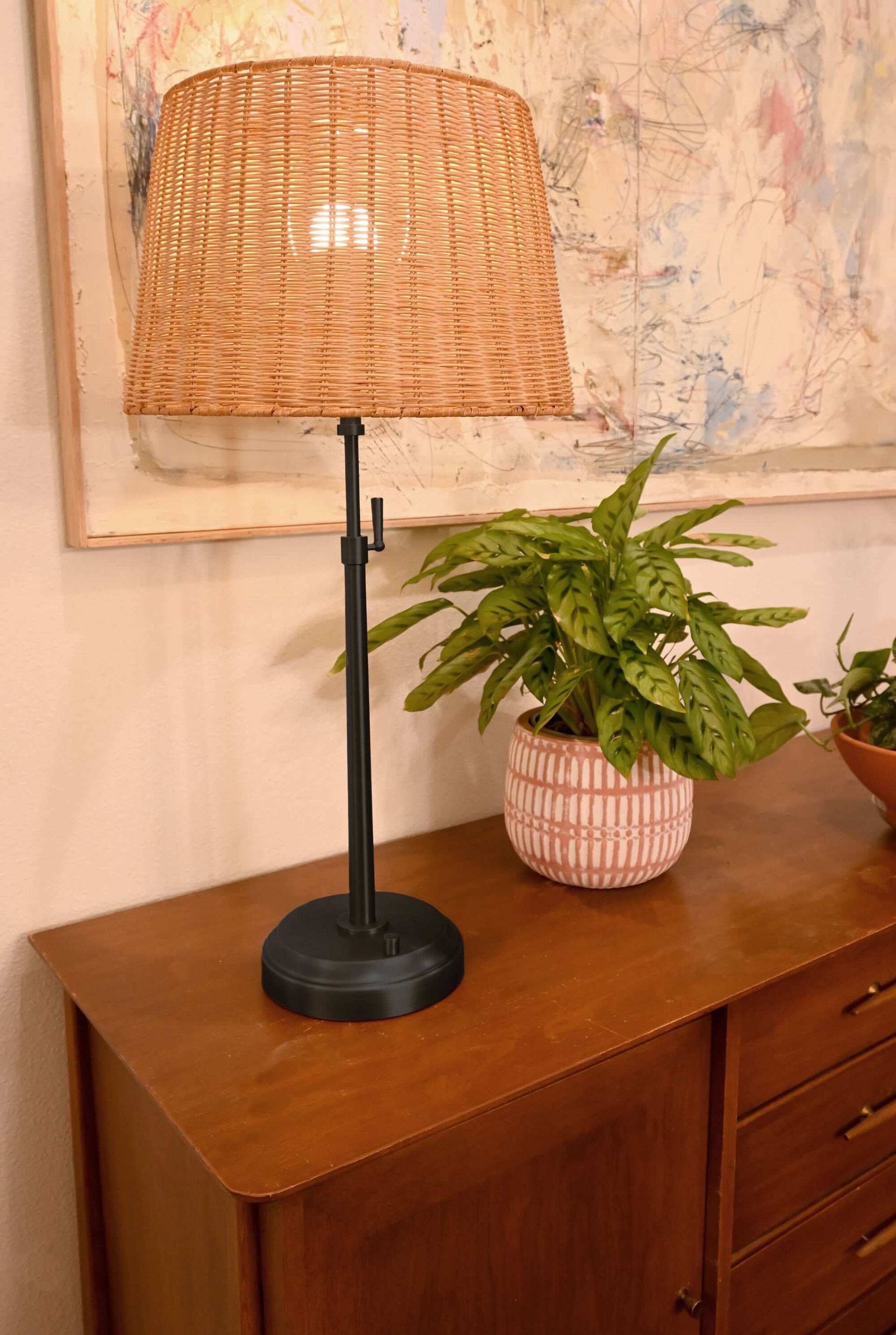 Alexis Cordless Table Lamp - Black Metal with Rattan Shade