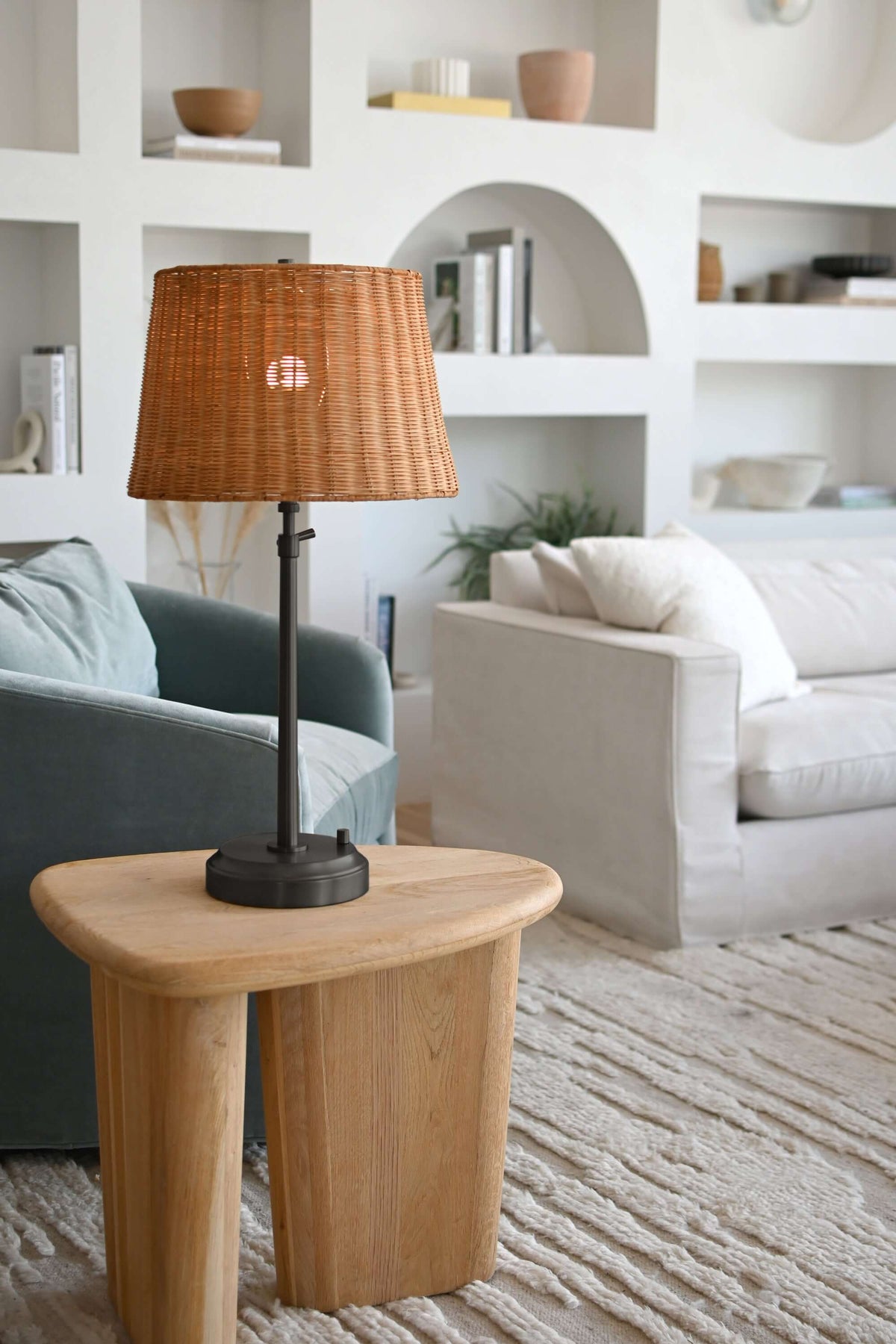 Alexis Cordless Table Lamp - Black Metal with Rattan Shade