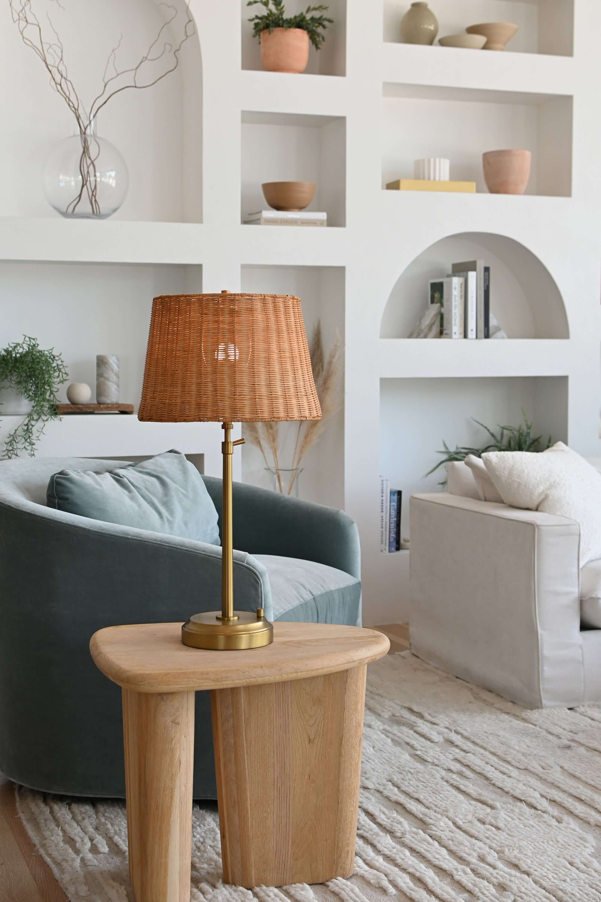 Alexis Cordless Table Lamp - Antique Brass with Rattan Shade