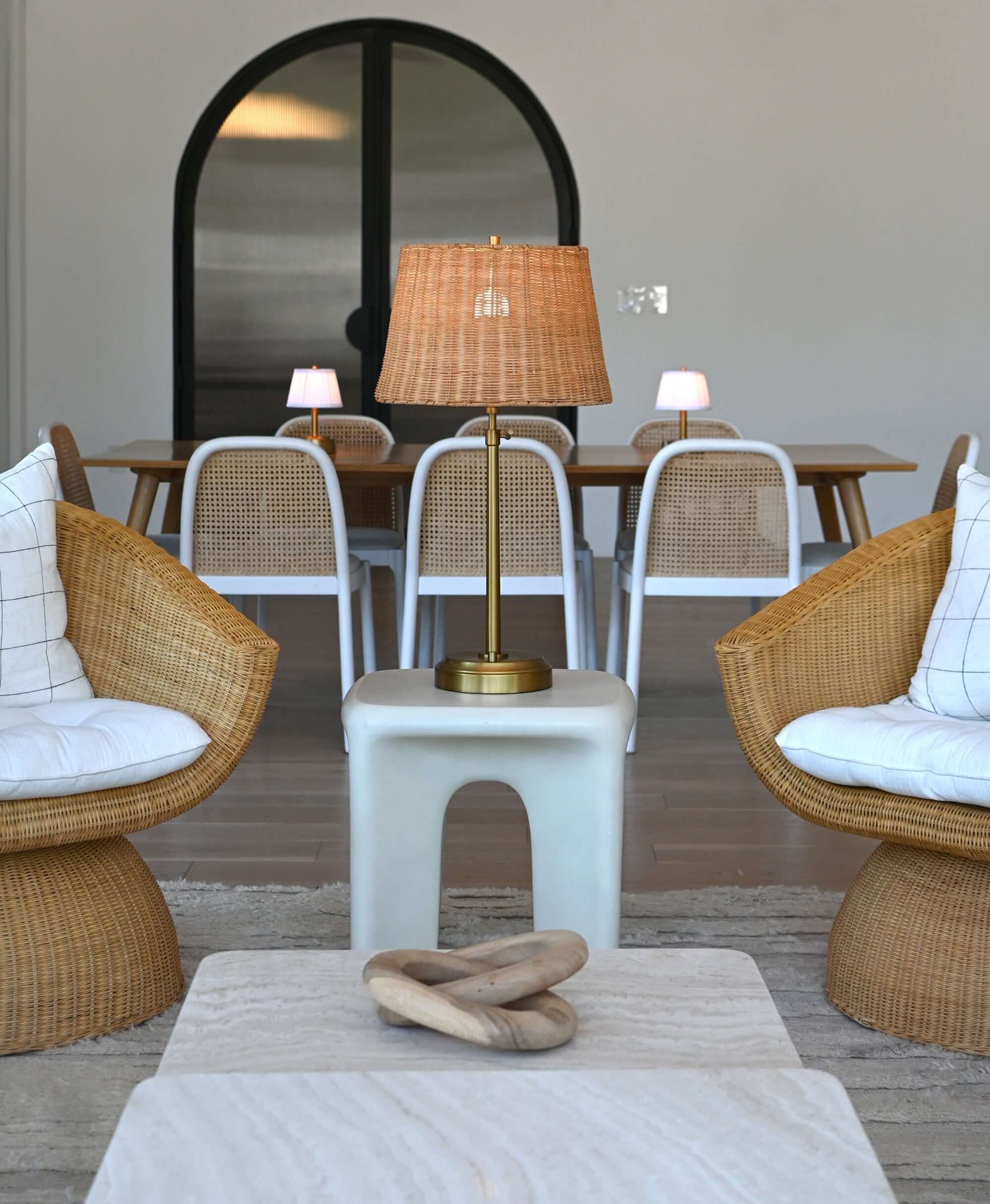 Alexis Cordless Table Lamp - Antique Brass with Rattan Shade